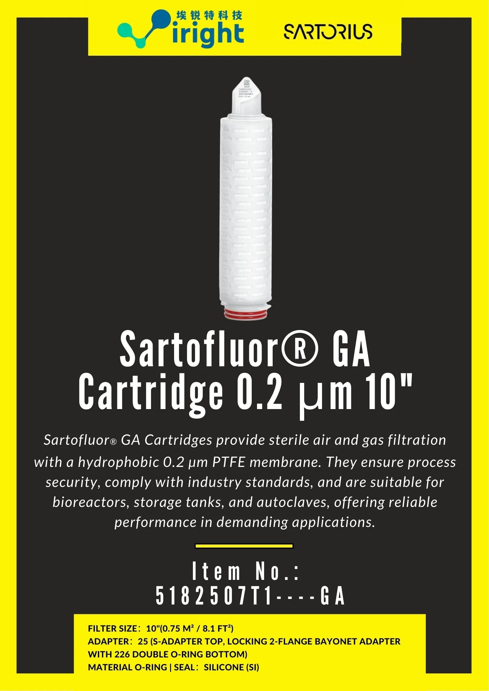 Sartorius, 5182507T1----GA, Sartofluor® GA Cartridge 0.2 µm 10" – Iright